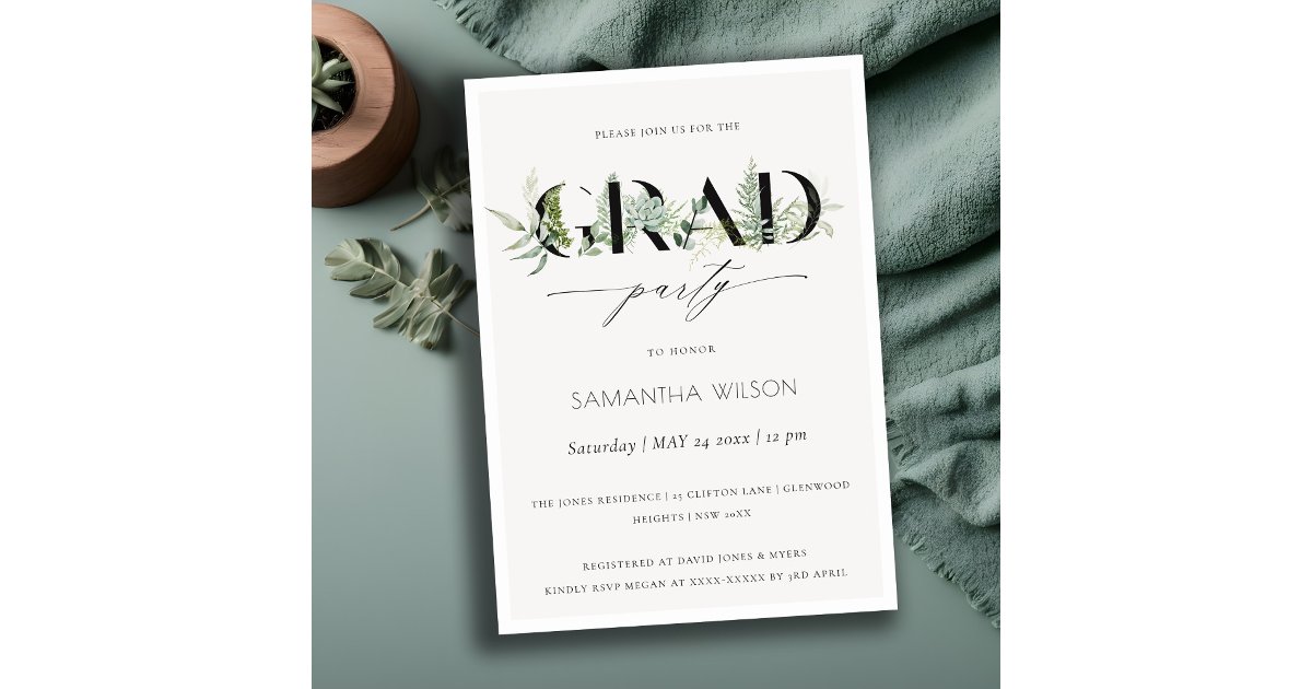 Leafy Fern Succulent Fauna Photo Graduation Invite | Zazzle