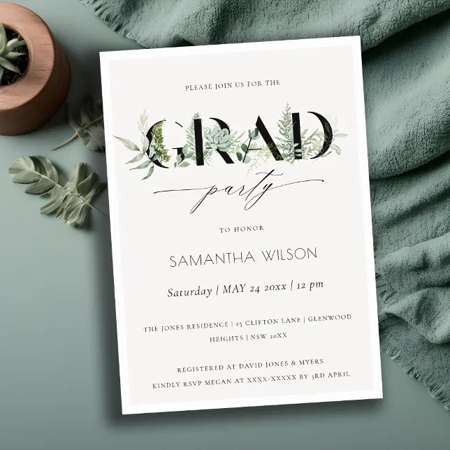 Leafy Fern Succulent Fauna Photo Graduation Invite | Zazzle