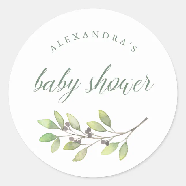 Leafy Green | Watercolor Baby Shower Classic Round Sticker | Zazzle