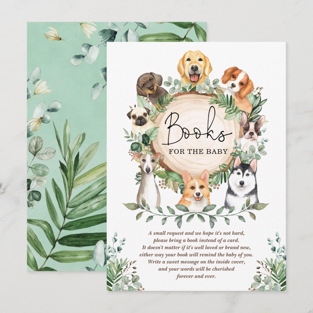 Leafy Greenery Puppy Dog Books for Baby Shower Enclosure Card | Zazzle