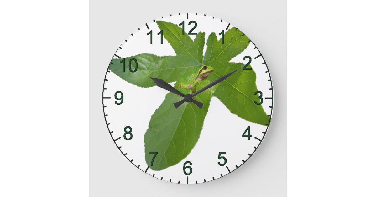 "Leafy Haven: A Small Green Frog on a Grape Leaf" Large Clock | Zazzle