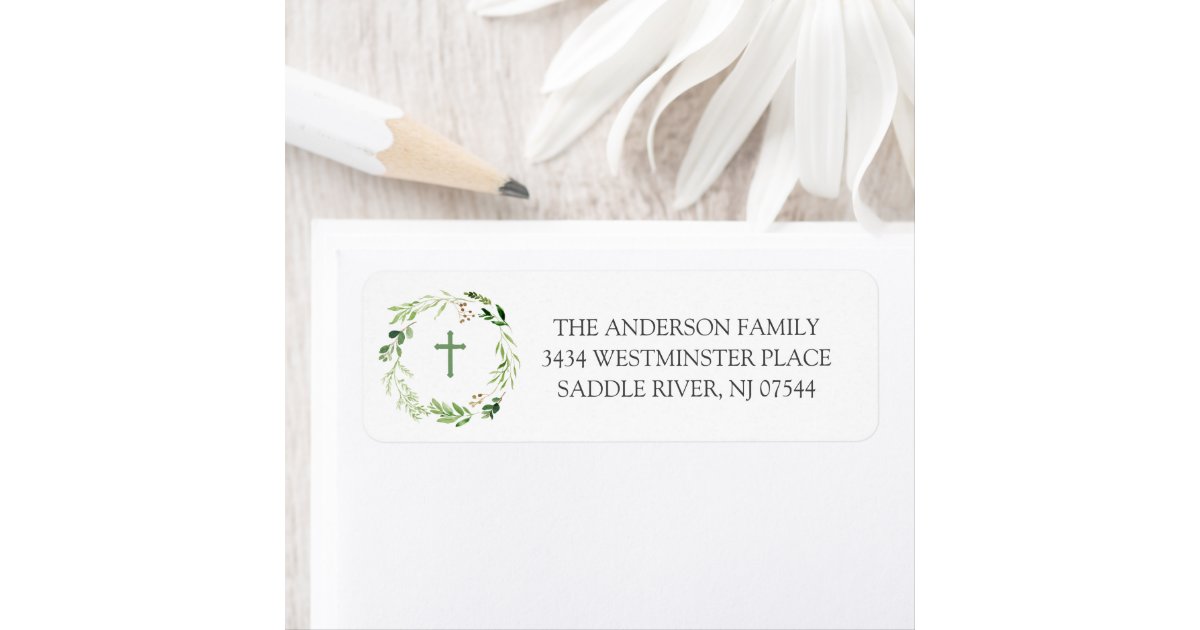 Leafy Wreath Cross Religious Return Address Label | Zazzle