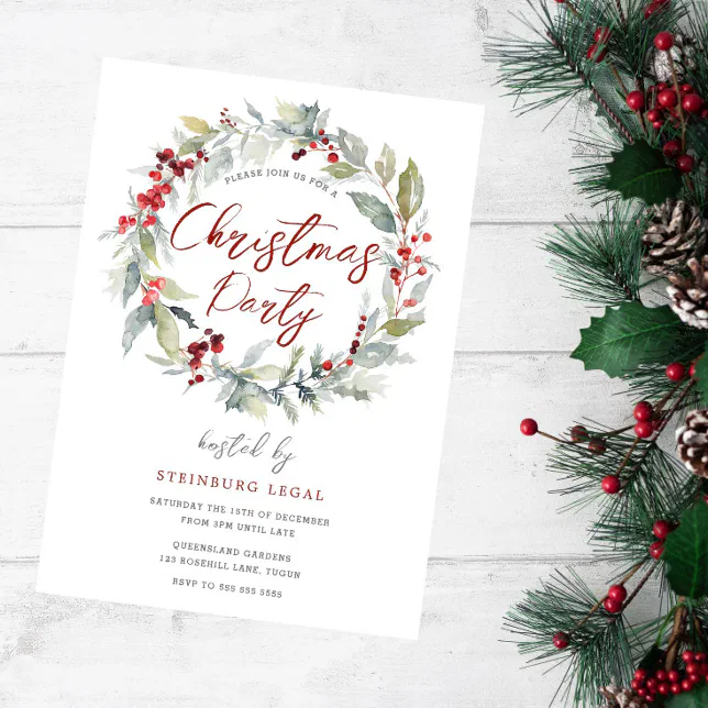 Leafy Wreath Festive Office Christmas Party Invitation | Zazzle