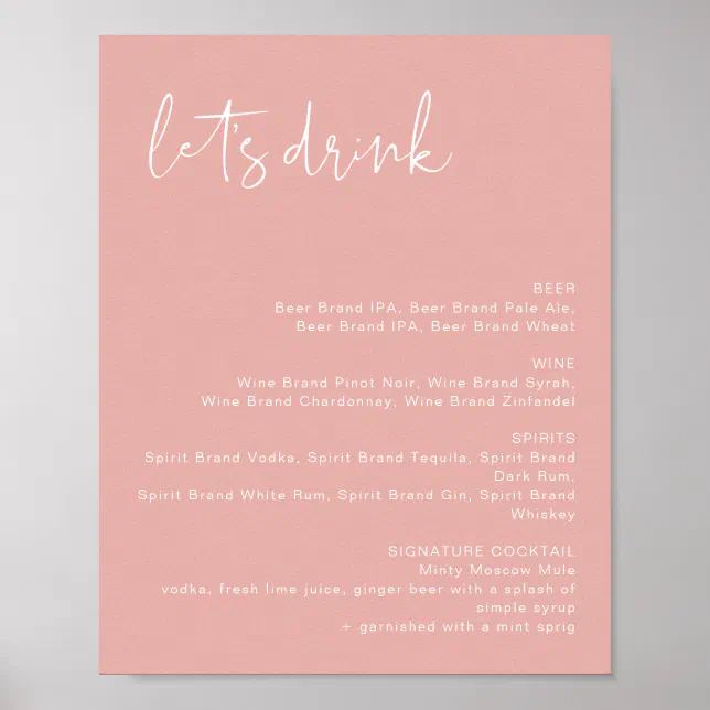 LEAH Vibrant Pastel Pink Let's Drink Bar Menu Poster | Zazzle