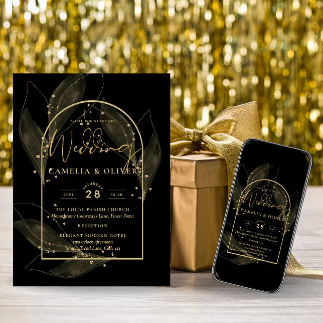 LeahG Black Gold Leaves Modern Wedding INVITE | Zazzle