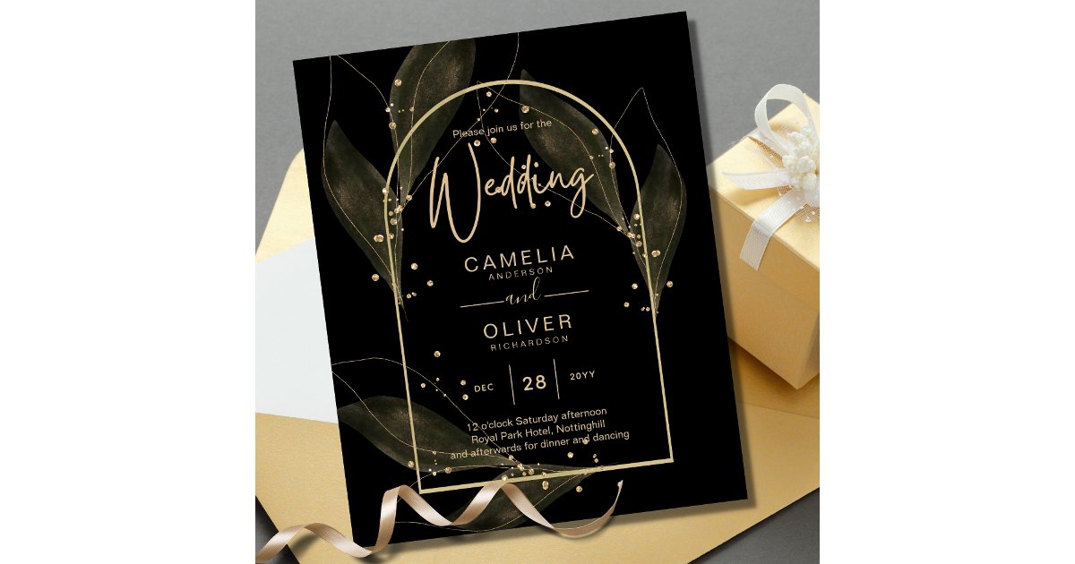 LeahG Black Gold Leaves Modern Wedding INVITE | Zazzle