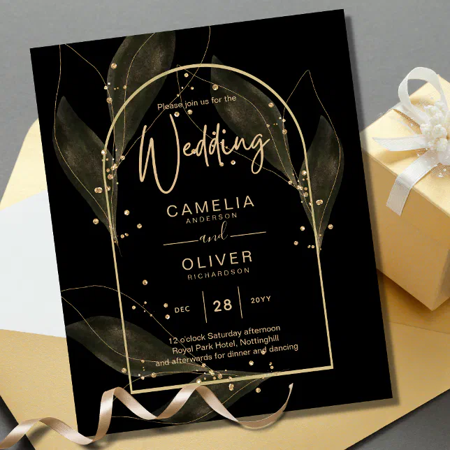 LeahG Black Gold Leaves Modern Wedding INVITE | Zazzle