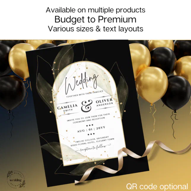 LeahG Black Gold Leaves Modern Wedding INVITE Flyer | Zazzle