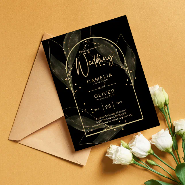 LeahG Black Gold Leaves Modern Wedding INVITE Flyer | Zazzle