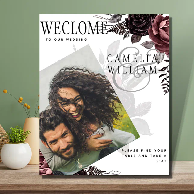 LEAHG Burgundy Black Roses Wedding Photo Welcome Poster | Zazzle