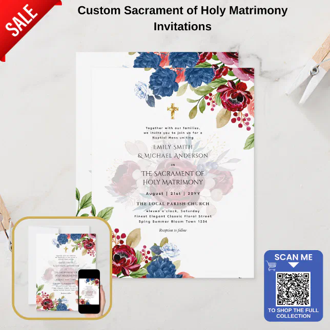 LeahG Burgundy Blue Floral Sacrament of Marriage Invitation | Zazzle