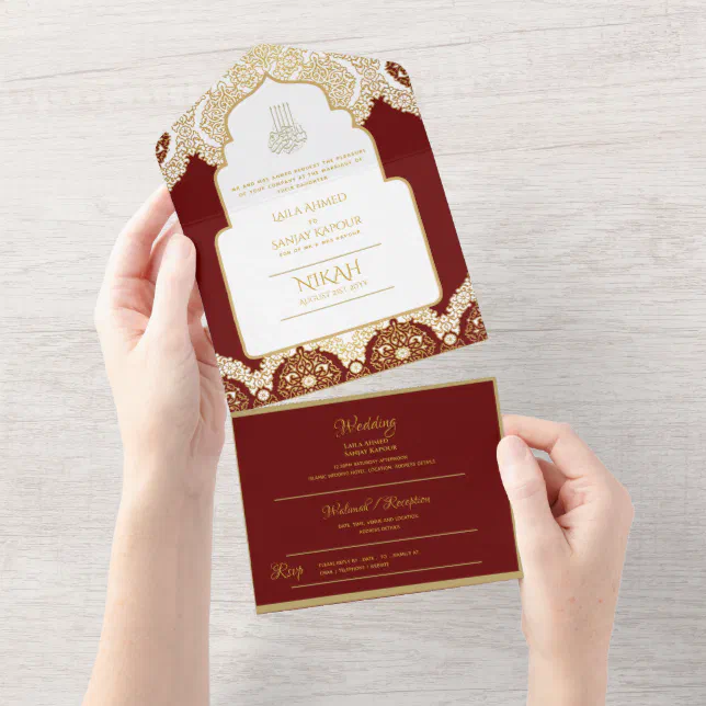 LeahG Burgundy Gold Islamic Muslim Wedding Nikah All In One Invitation ...