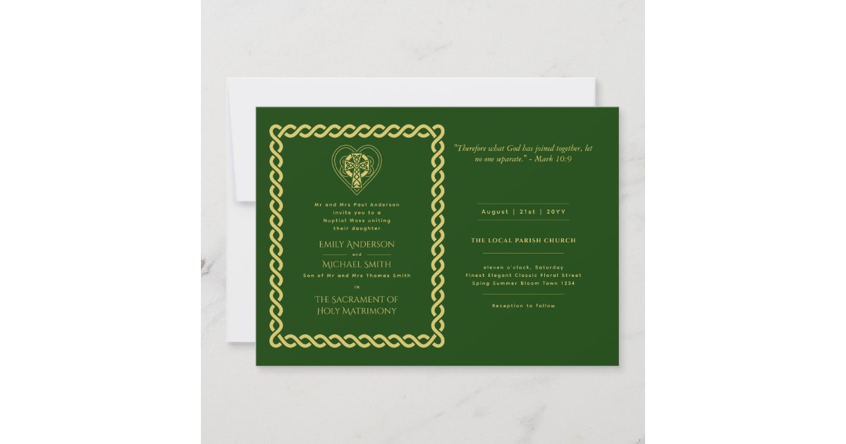 LeahG Celtic Cross Green Gold Catholic Wedding Invitation | Zazzle