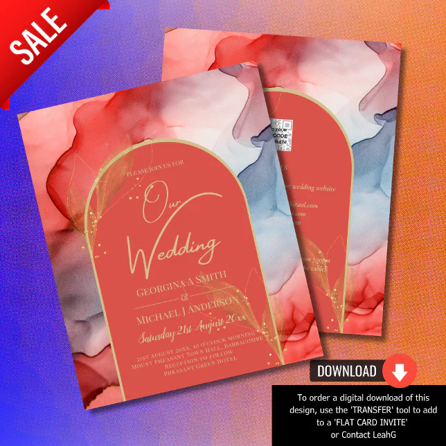 LeahG Coral Navy Blue Gold INK Wedding INVITE Flyer | Zazzle