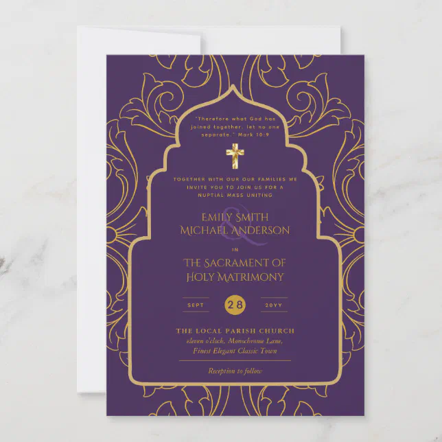 LeahG Elegant Purple Gold Catholic Wedding Invitation | Zazzle