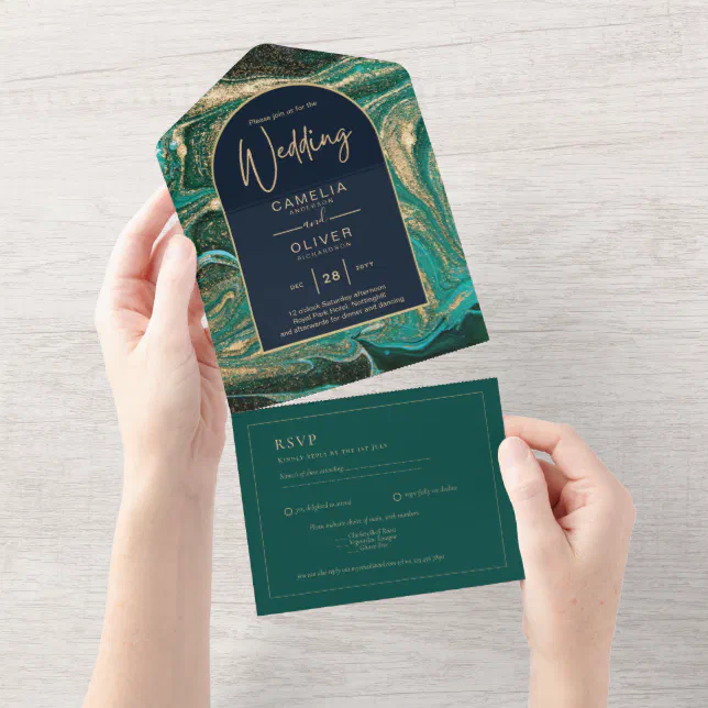LeahG Emerald Green Gold Agate Wedding Invite | Zazzle