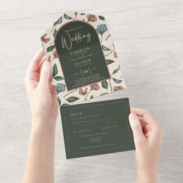 LeahG Emerald Green Terracotta Gold FALL Wedding All In One Invitation ...