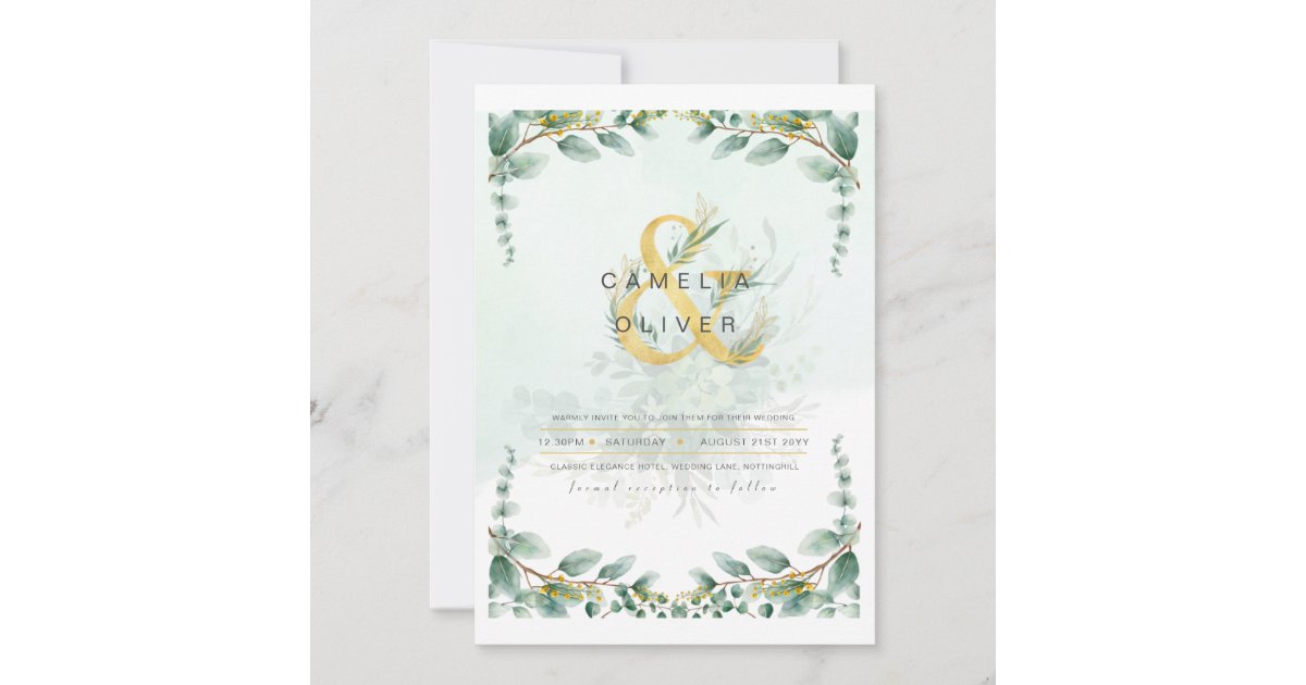 LeahG Eucalyptus Greenery Gold Wedding Invite | Zazzle