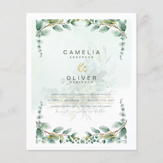 LeahG Greenery Eucalyptus Gold Wedding Invite QR C Flyer | Zazzle