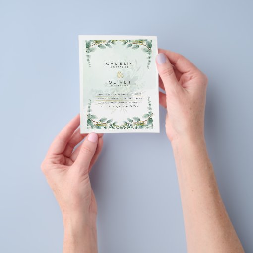 LeahG Greenery Eucalyptus Gold Wedding Invite QR C Flyer | Zazzle