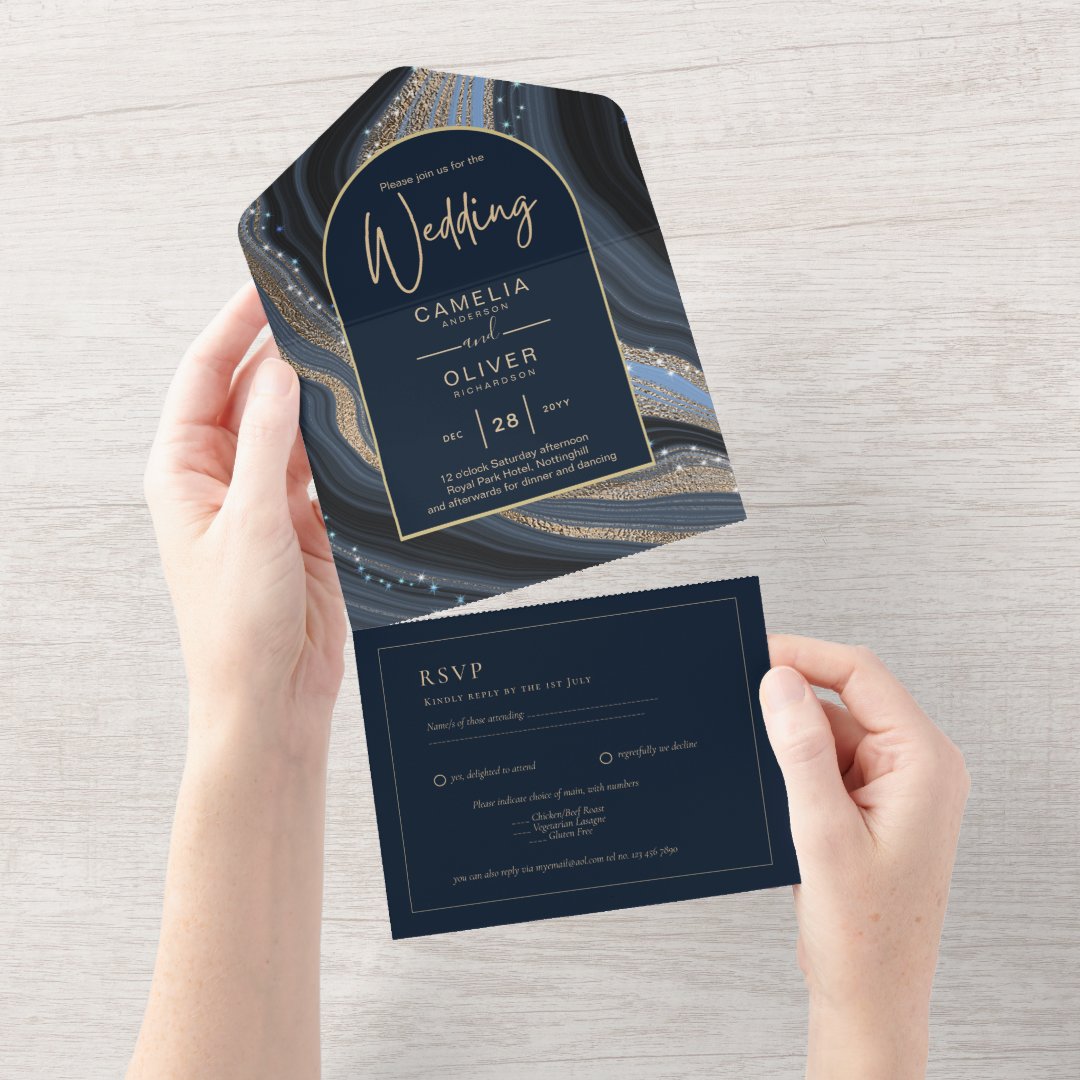 LeahG Navy Blue Gold Agate STARRY NIGHT Wedding All In One Invitation ...