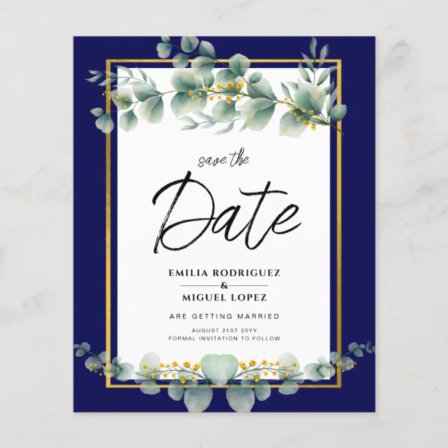 LeahG NAVY BLUE GOLD Greenery Eucalyptus Wedding Flyer | Zazzle