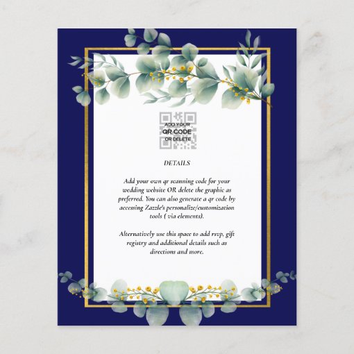 LeahG NAVY BLUE GOLD Greenery Eucalyptus Wedding Flyer | Zazzle