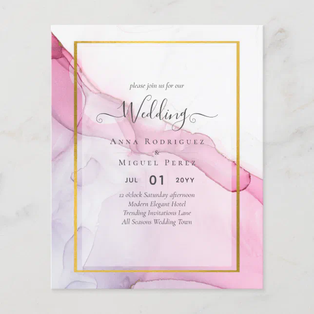 LeahG PINK Purple Ink Abstract Wedding INVITE Flyer | Zazzle