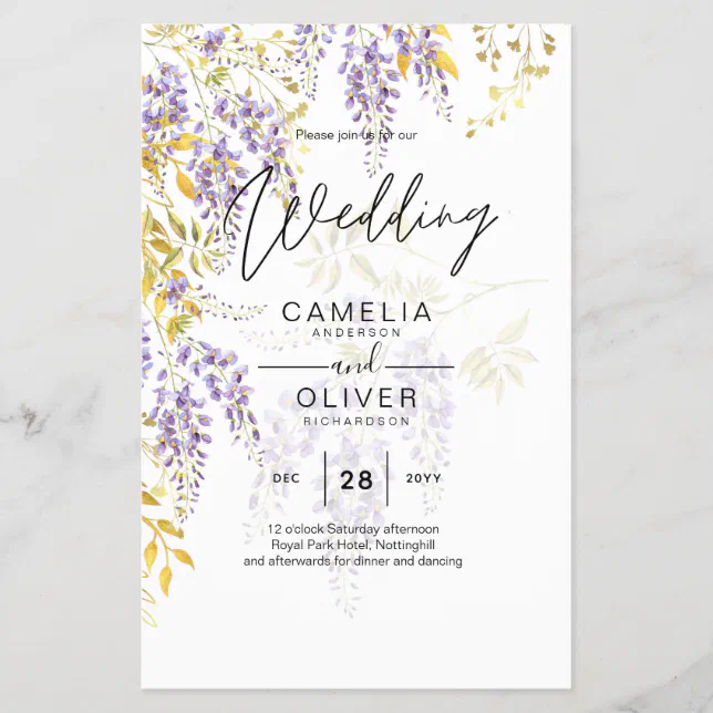 LeahG Purple Gold WISTERIA Floral Wedding INVITE Flyer | Zazzle