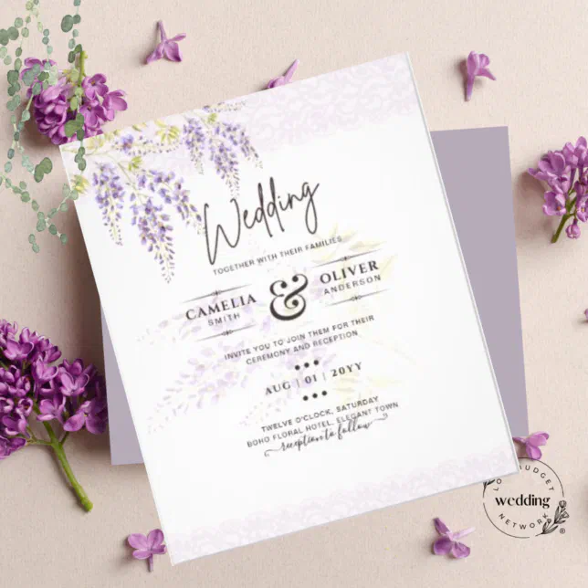 LeahG Purple WISTERIA Lace Floral Wedding INVITE Flyer | Zazzle