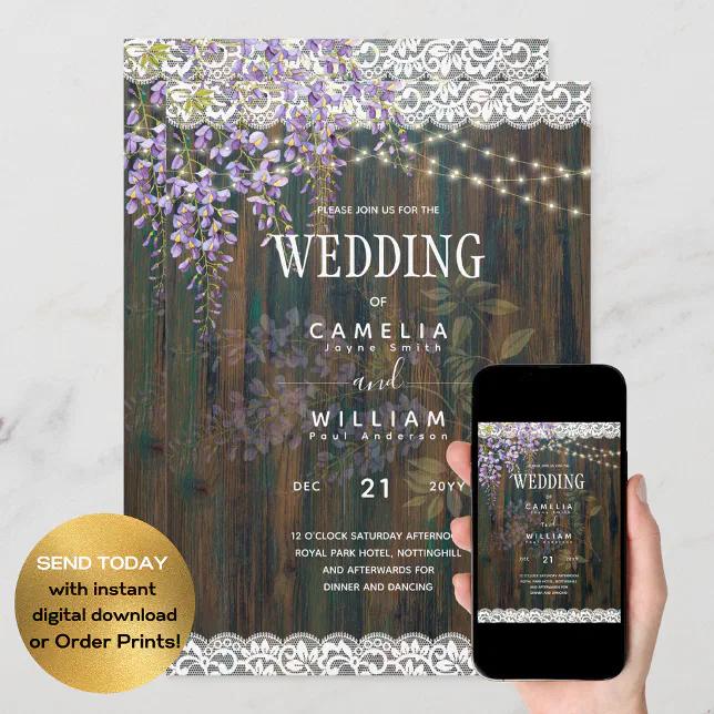LeahG Purple WISTERIA Rustic Lace Wedding Invitation | Zazzle