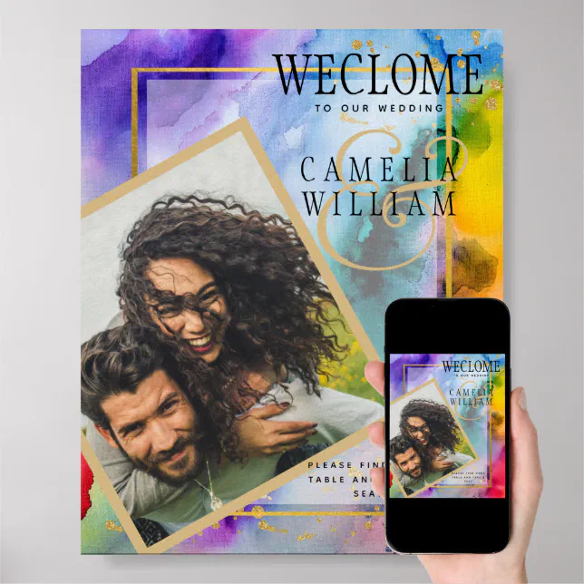 LeahG Rainbow Ink PHOTO Wedding WELCOME SIGN | Zazzle