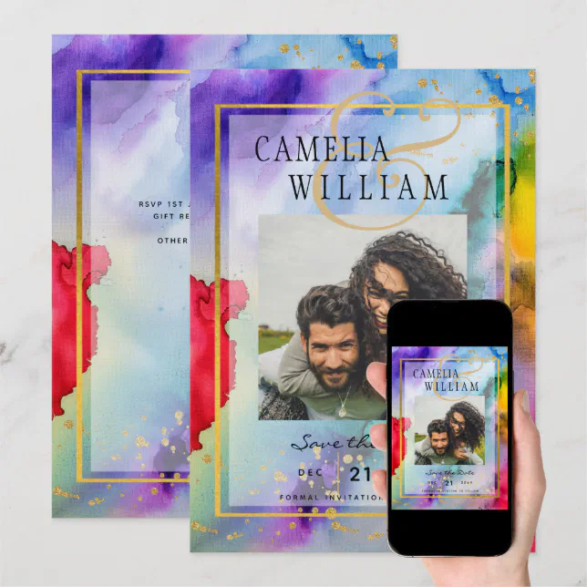 LeahG Rainbow Pride Ink PHOTO Wedding Save Date Invitation | Zazzle