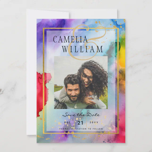 LeahG Rainbow Pride Ink PHOTO Wedding Save Date Invitation | Zazzle