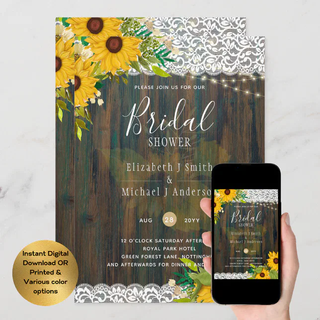 LeahG Rustic Sunflowers Lace Lights Bridal Shower Invitation | Zazzle
