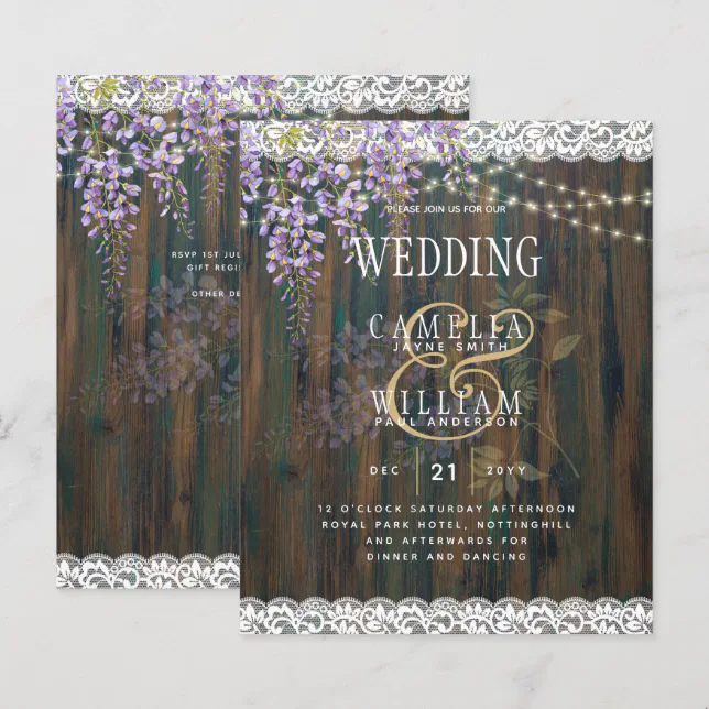 LeahG Rustic WISTERIA Lace Floral Wedding INVITE | Zazzle