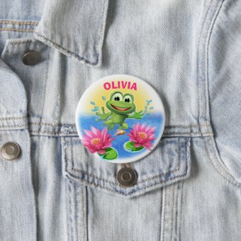Leaping frog custom name birthday party badge button | Zazzle