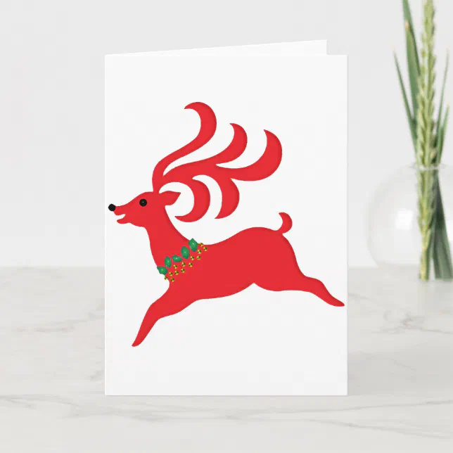 Leaping Red Reindeer Silhouette Holiday Card | Zazzle