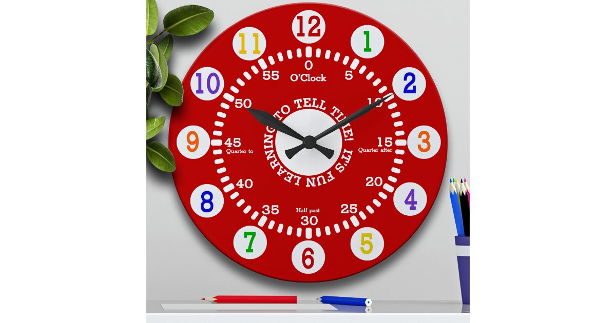 Learning to Tell Time (Red) Large Clock | Zazzle