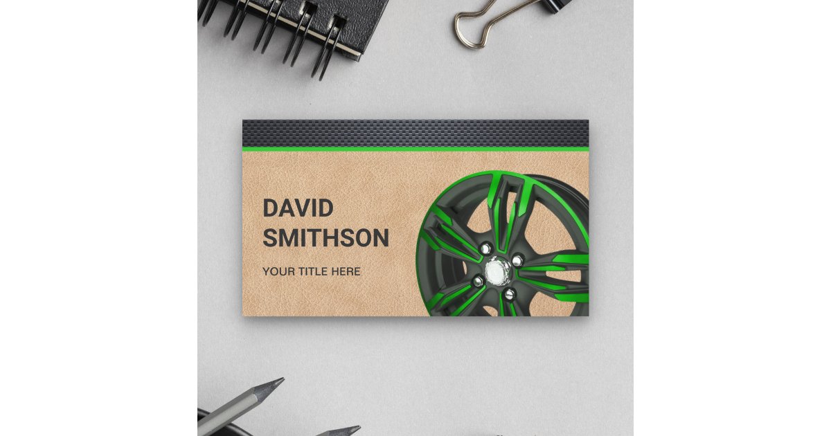 Leather Black Green Car Alloy Wheel Rim Mechanic Business Card | Zazzle