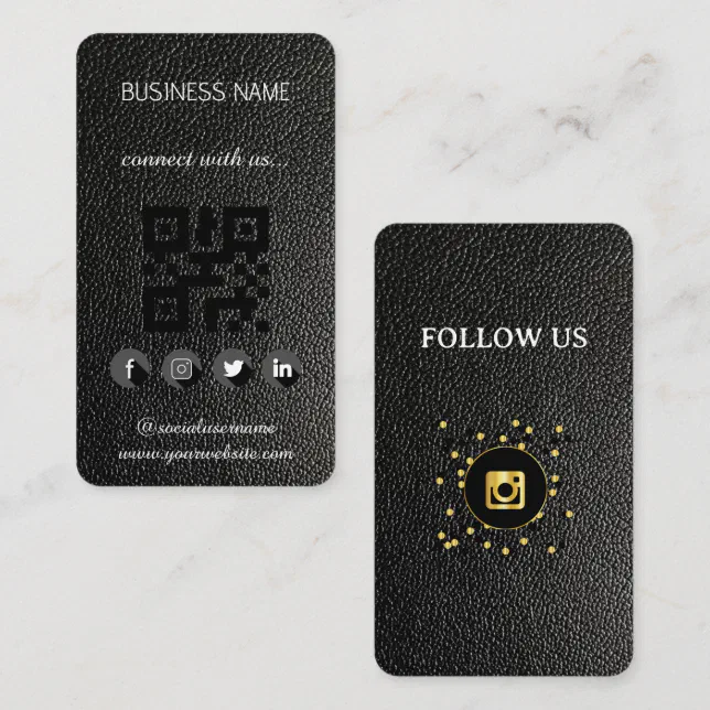 Leather black -Social Media QR Code Business Card | Zazzle