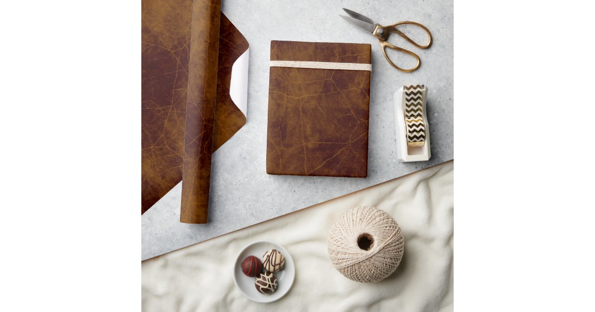 Leather look brown aged pleather wrapping paper | Zazzle