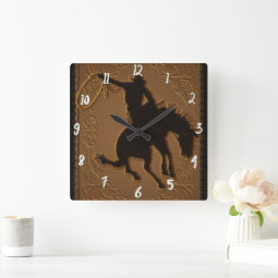 Leather Western Wild West Rustic Country Cowboy Square Wall Clock | Zazzle