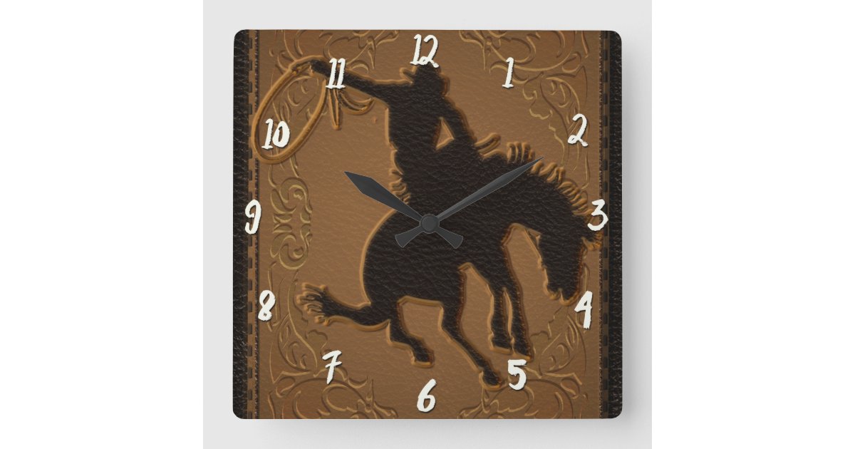 Leather Western Wild West Rustic Country Cowboy Square Wall Clock | Zazzle