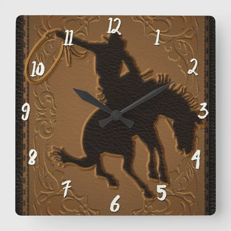 Leather Western Wild West Rustic Country Cowboy Square Wall Clock | Zazzle