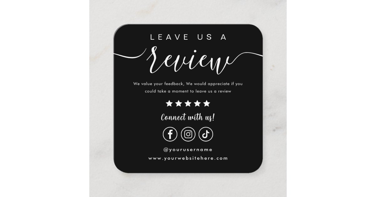 Leave Us A Review Social Media Logo Black Script Square Business Card ...