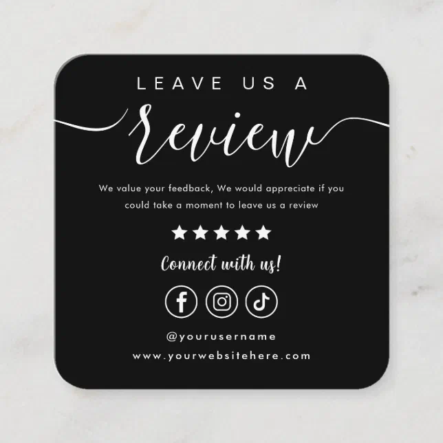 Leave Us A Review Social Media Logo Black Script Square Business Card ...
