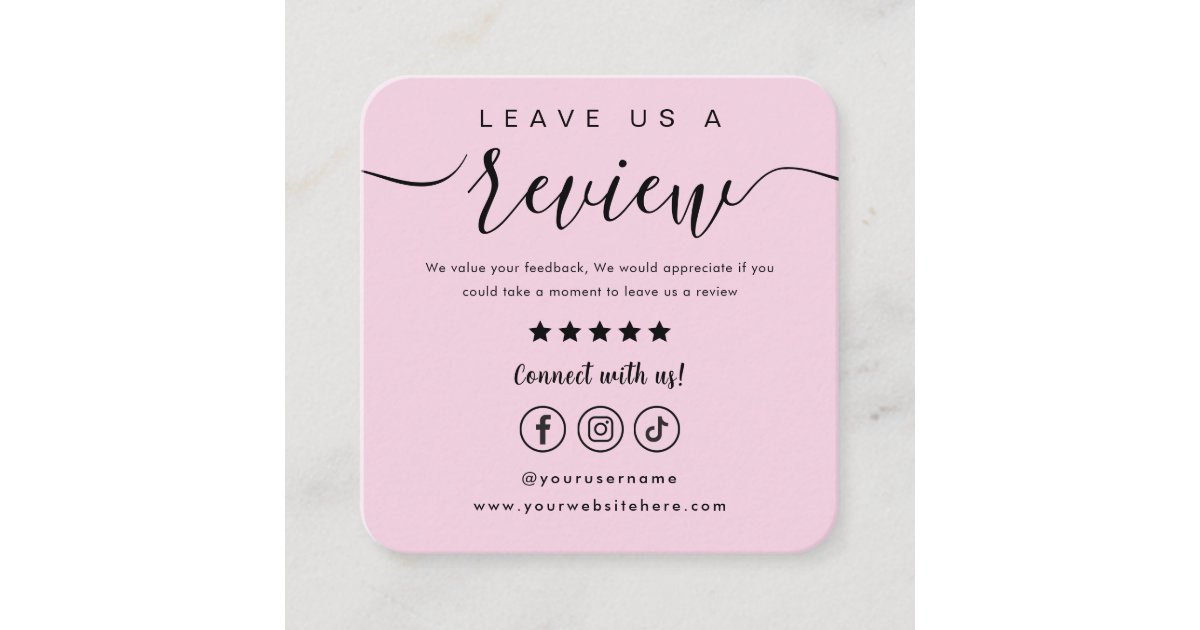 Leave Us A Review Social Media Logo Pink Script Square Business Card ...