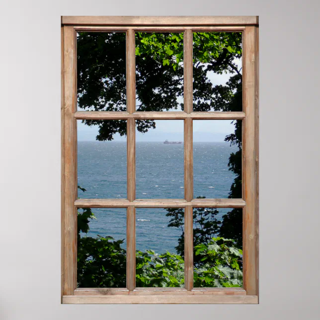 Leaves and Sea View Illusion from a Faux Window Poster | Zazzle