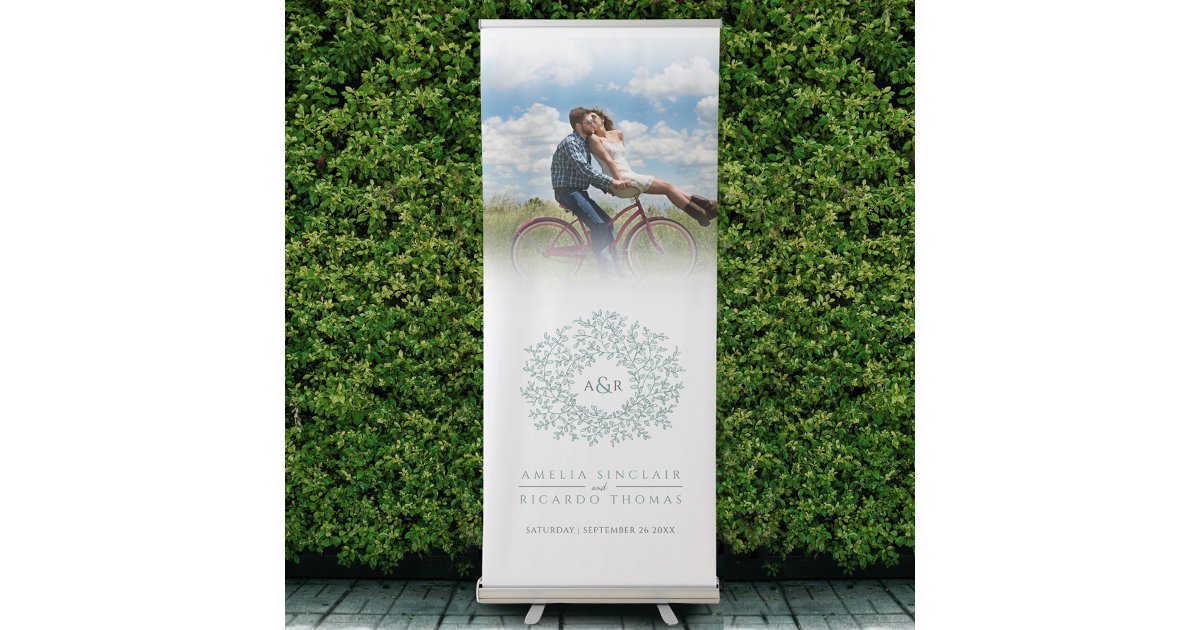 Leaves circle sage green and white wedding photo retractable banner ...